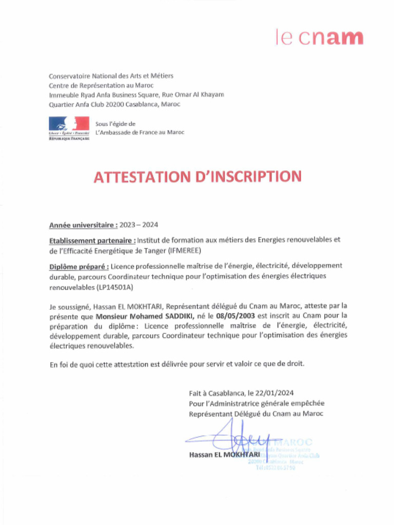 Attestation LP CNAM SADDIKI | PDF