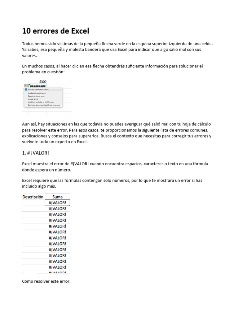 10 Errores de Excel | PDF | Microsoft Excel | Hoja de cálculo
