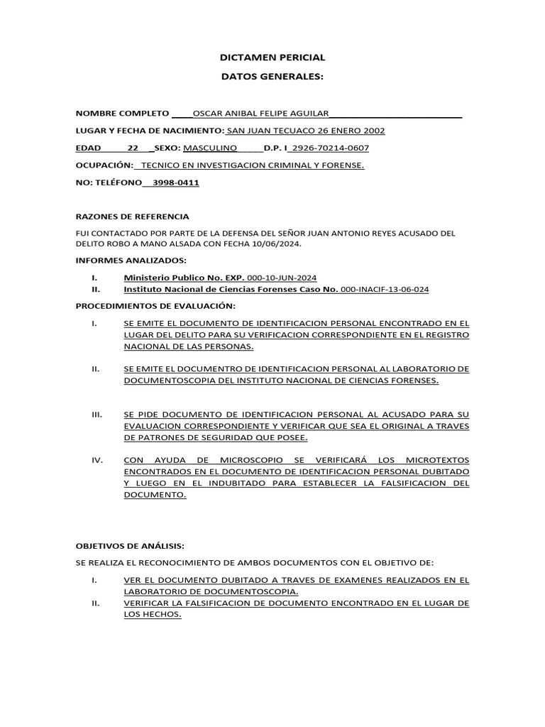 Dictamen Pericial Anibal Pdf Documento De Identidad Ciencia Forense