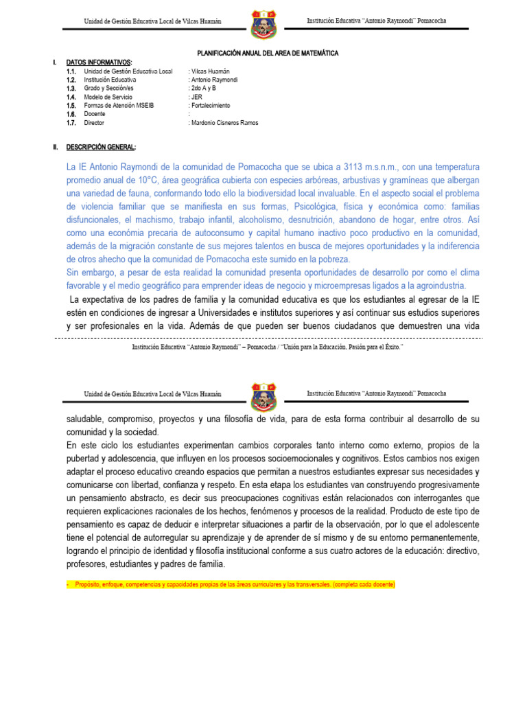 PlanificaciÓn Anual Vilcas 2do Grado Pdf Evaluación 6734