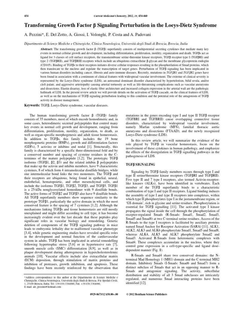 Transforming Growth Factor ? Signaling Perturbation in The Loeys-Dietz Syndrome | PDF | Cell ...