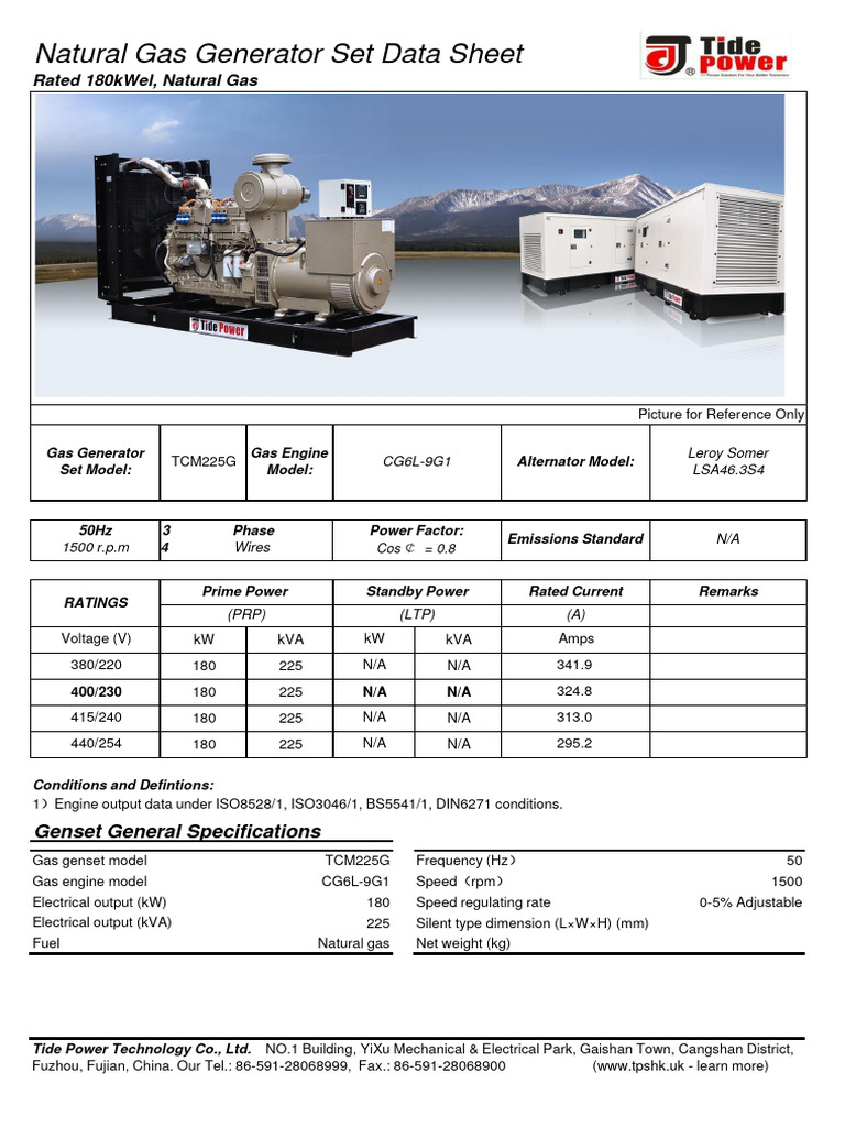 Data Sheet Genset TCM225G | PDF | Engines | Electric Generator