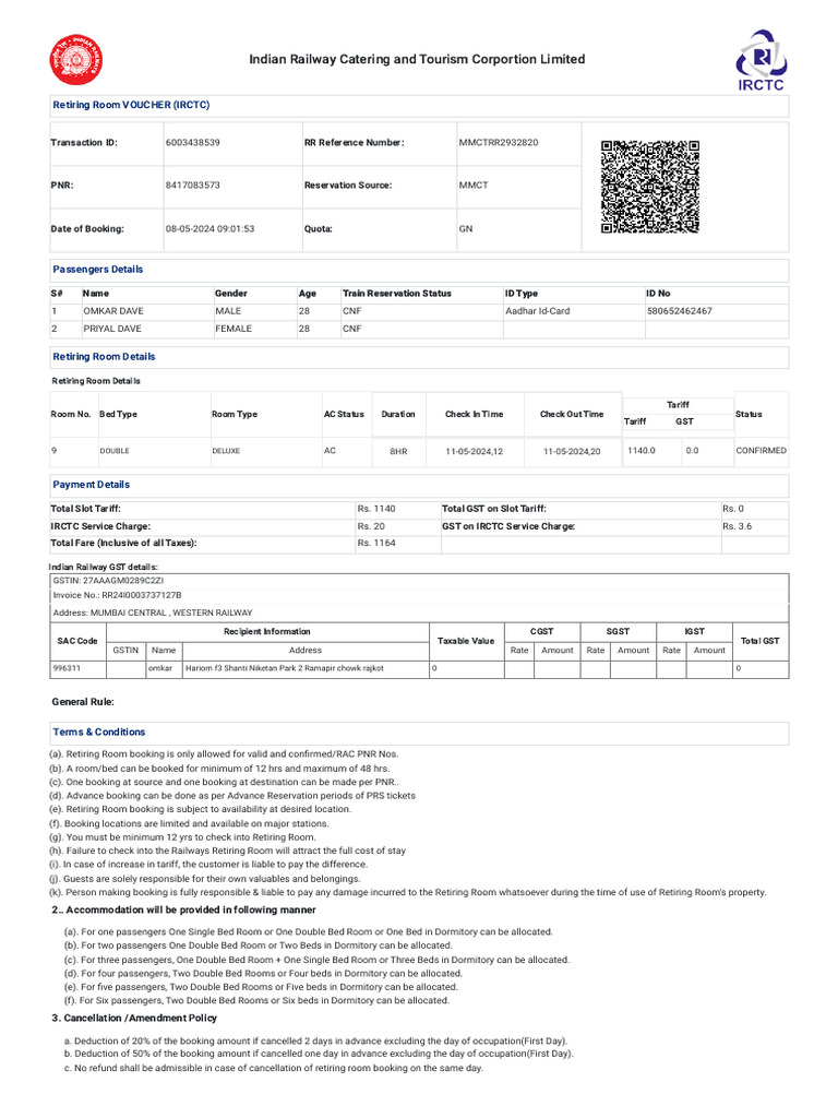 IRCTC Retiring Room Booking Details | PDF | Dormitory | Public Finance