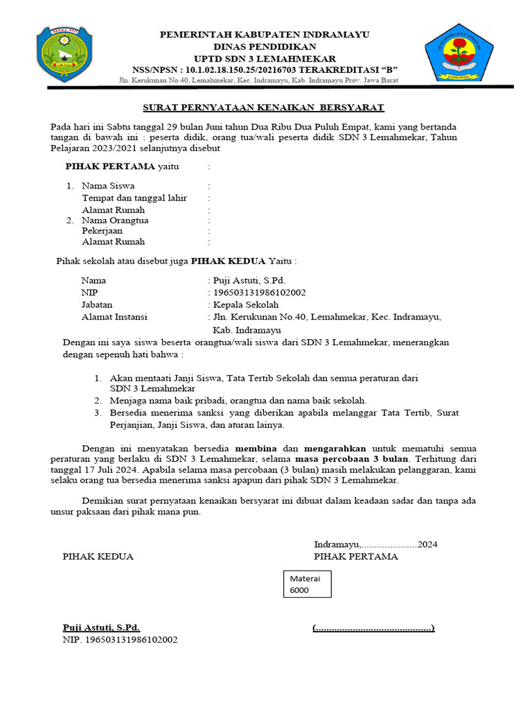 Surat Perjanjian - Pernyataan Siswa | PDF