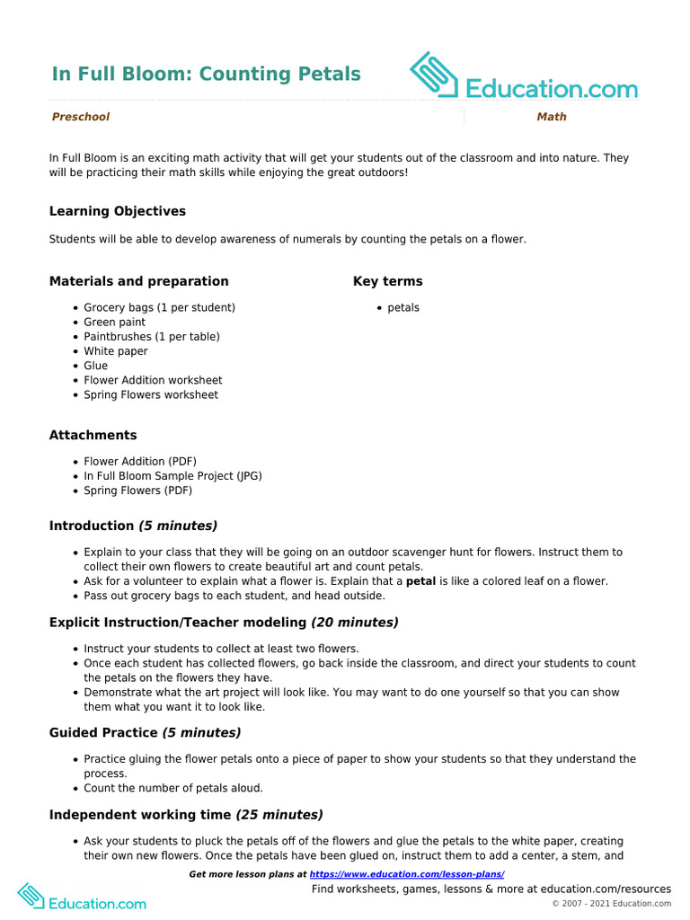 Math Lesson Plan - Preschool | Download Free PDF | Lesson Plan | Petal