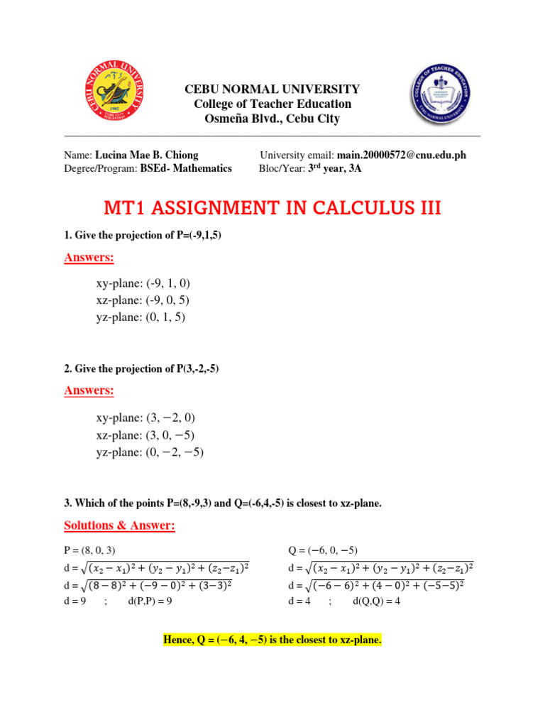 MT1 Assignment in Calculus III | PDF | Differential Geometry | Mathematical Physics