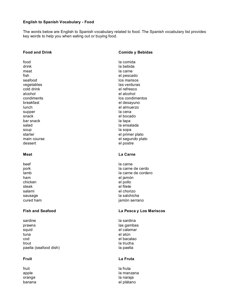 Lista de Vocabulario de Comida | PDF | Cocinando | Comida y bebida
