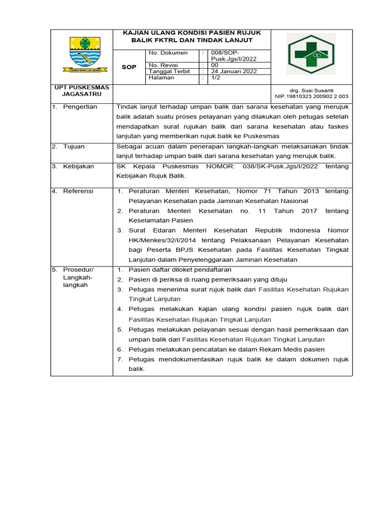 SOP Rujuk Balik Pasien di Puskesmas | PDF