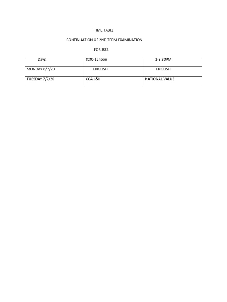 JSS3 2nd Term Exam Timetable | PDF | Science & Mathematics