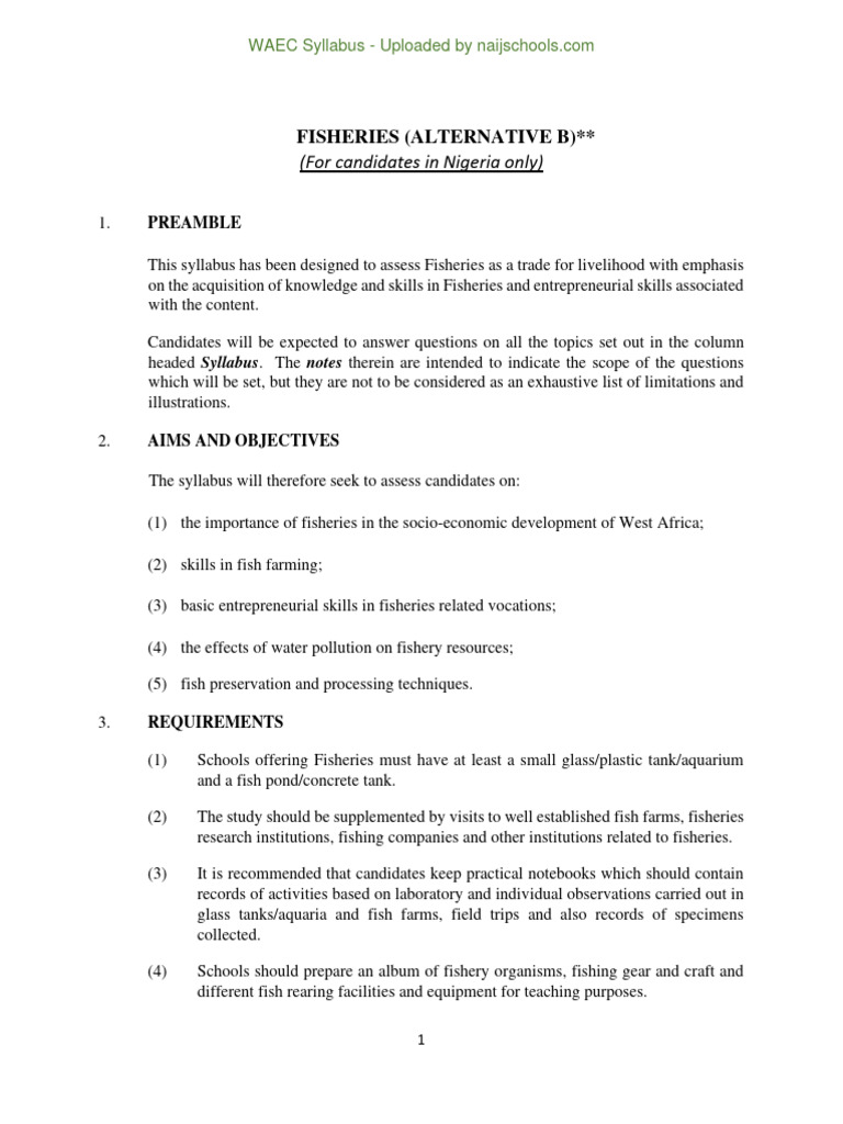 WAEC Syllabus For Fisheries Alt B | PDF | Aquaculture | Fishery