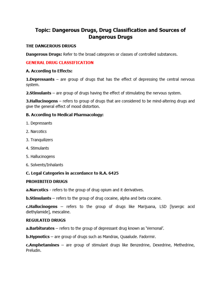 Dangerous Drugs Drug Classification and Sources of Dangerous Drugs ...