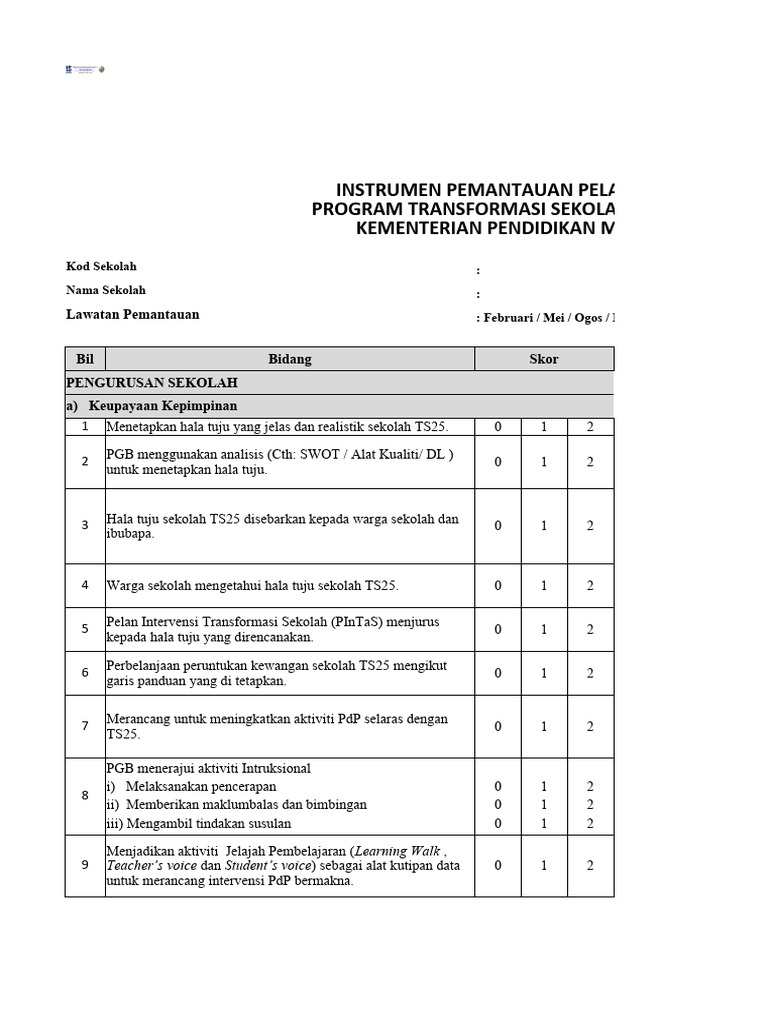 Instrumen Pemantauan Pelaksanaan Program TS25 | PDF