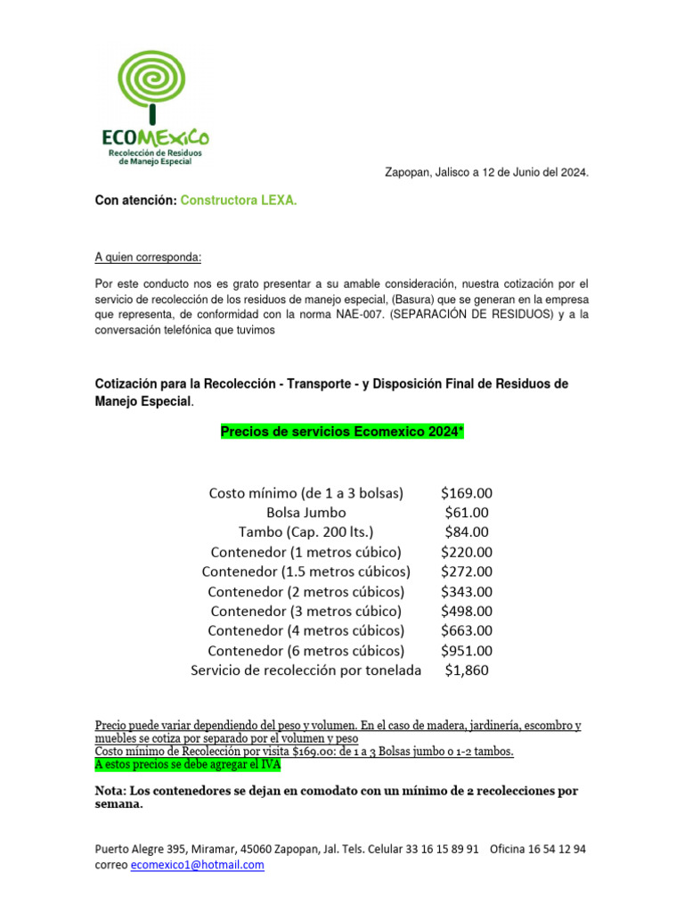 Cotizacion Constructora Lexa 2024 | PDF | Residuos | Contaminación