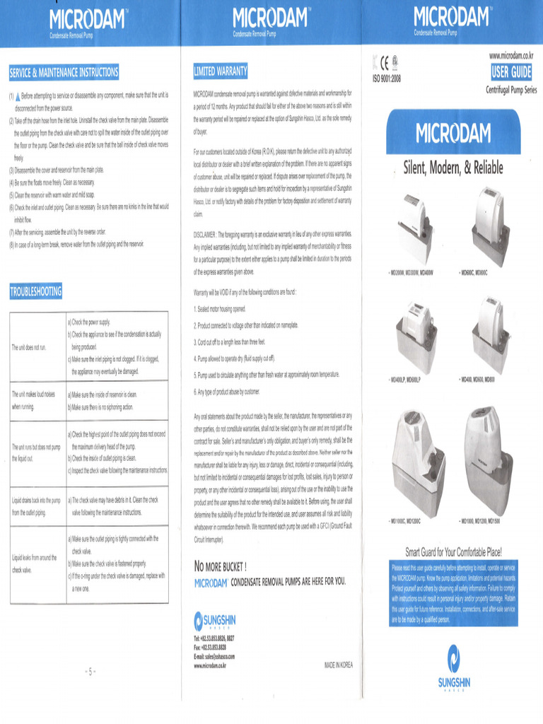 SUNGSHIN MicroDam (Condenssate Removal Pump) User Guide | PDF