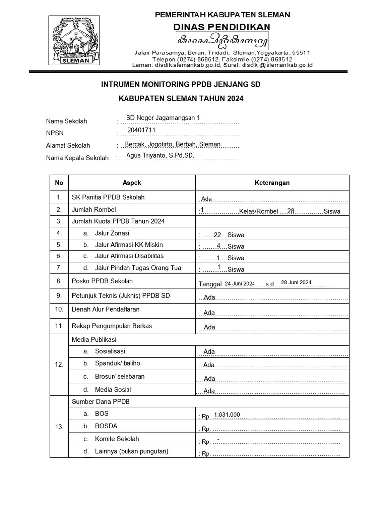 Instrumen Monitoring PPDB SD 2024-1 | PDF