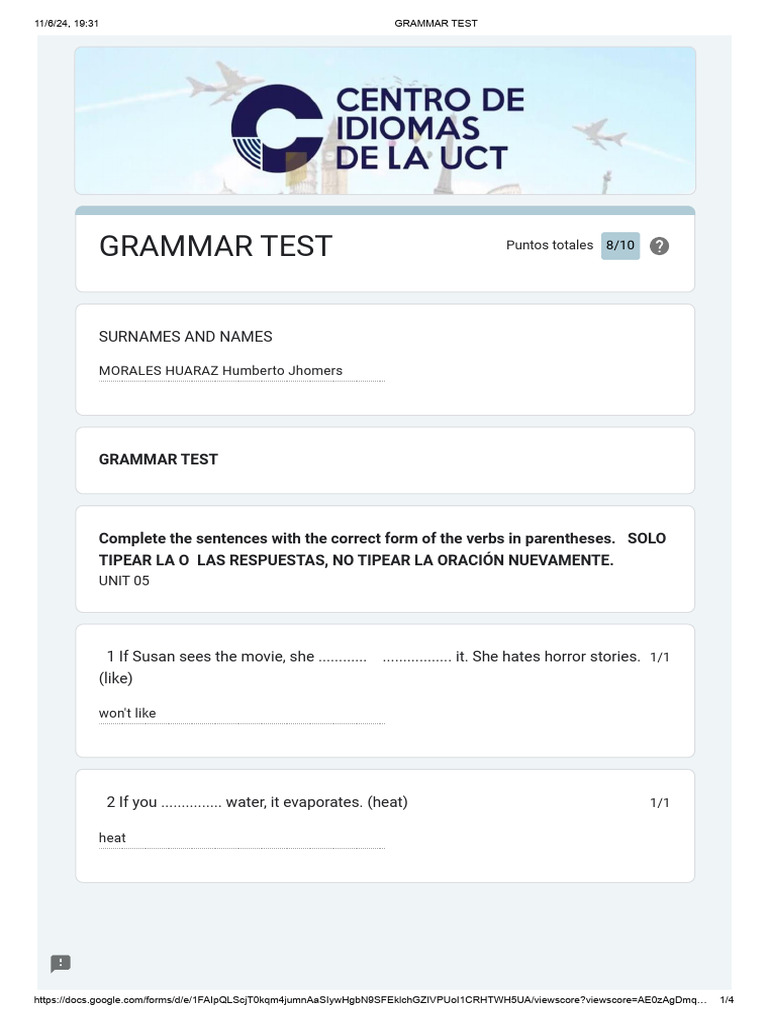 Grammar Test | PDF | Linguistics | Grammar