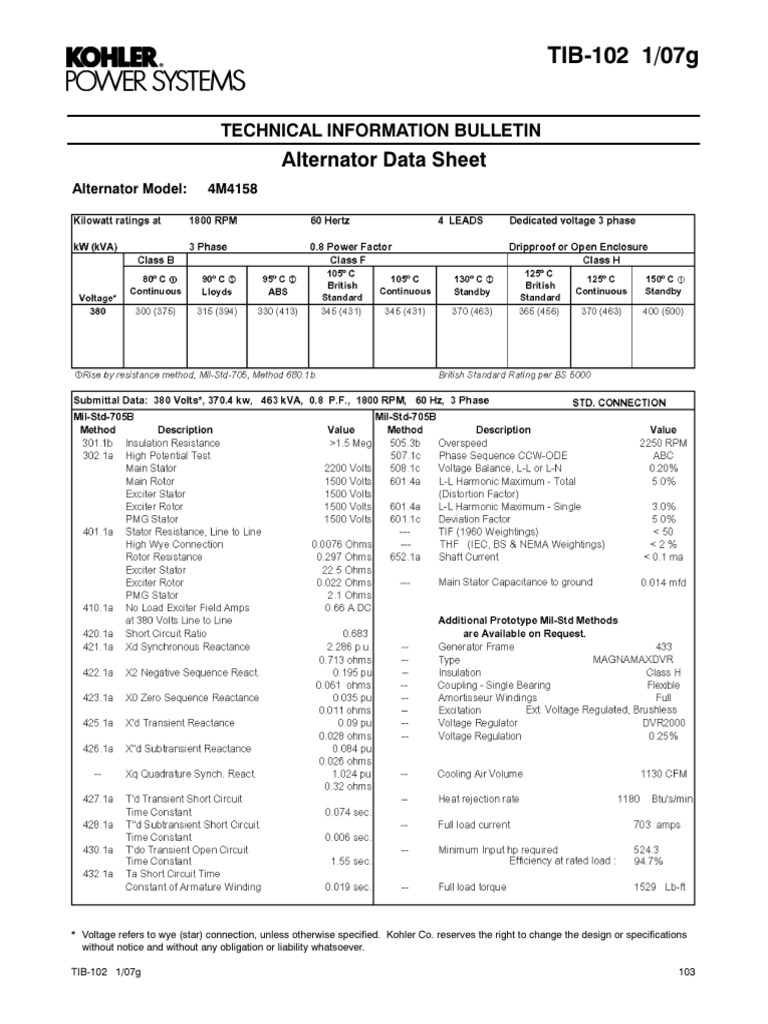TIB-102 1/07g: Alternator Data Sheet | PDF