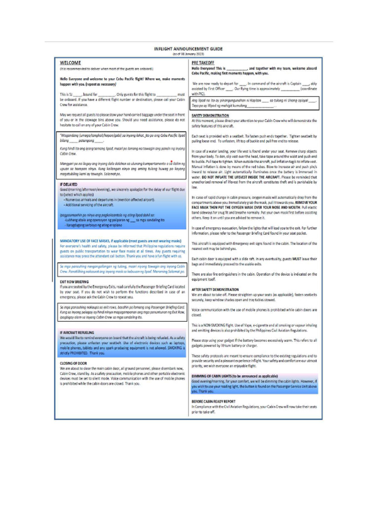 Inflight Announcement Guide As of 08 Jan 2023 | PDF