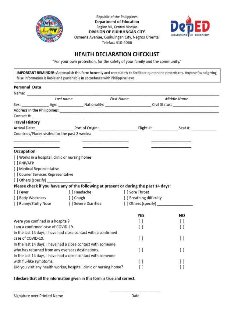 Health Declaration Checklist | PDF | Health Sciences | Epidemiology