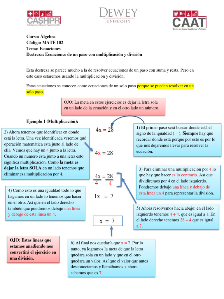 Ecuaciones de Un Paso Con Multiplicación y División | PDF ...
