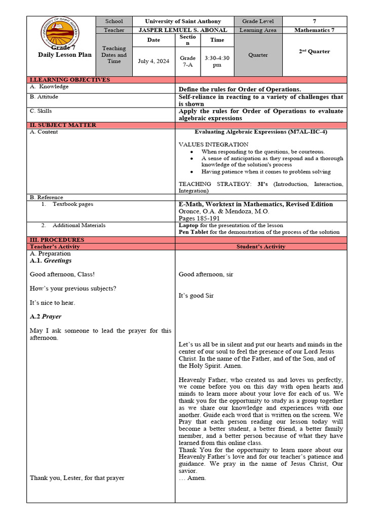 Grade 7 Math Lesson Plan: Order of Operations | PDF | Numbers | Multiplication