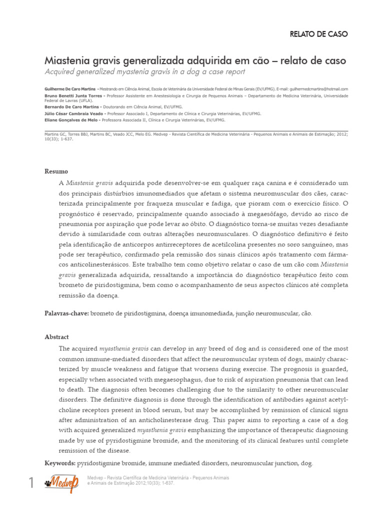 Miastenia Gravis em Cão: Caso Clínico | PDF | Cães | Medicina Clínica