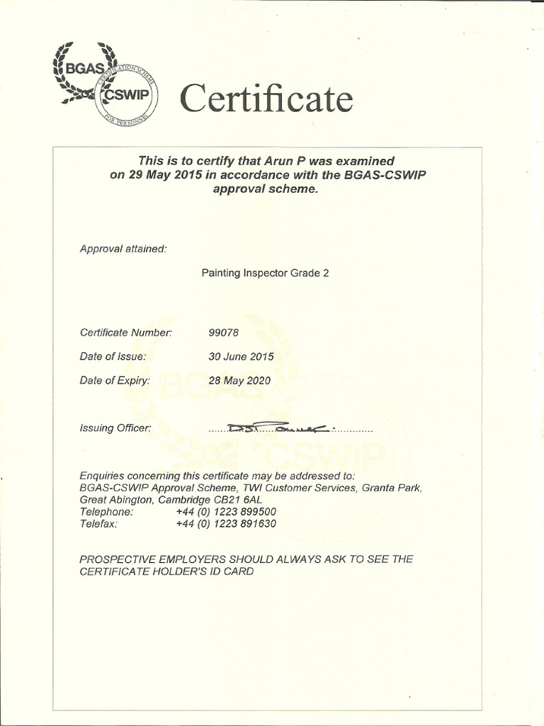 Dokumen - Tips - Bgas Painting Inspector Grade 2 Certificate | PDF