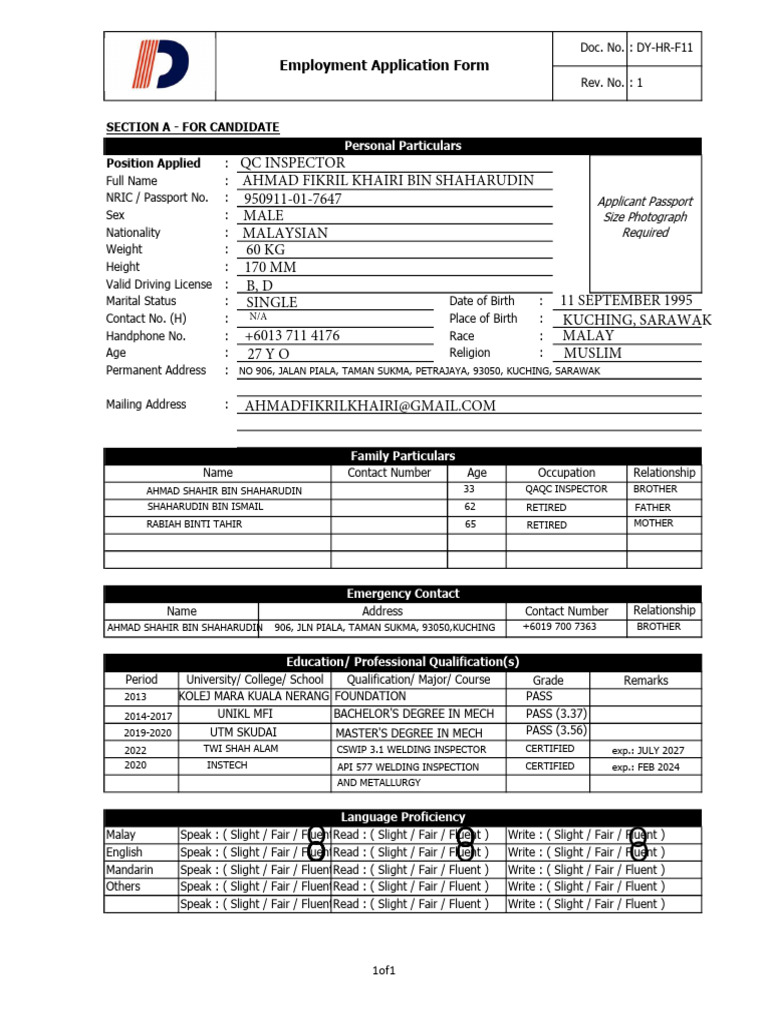 DY-HR-F11 - 1 Employment Application Form | PDF