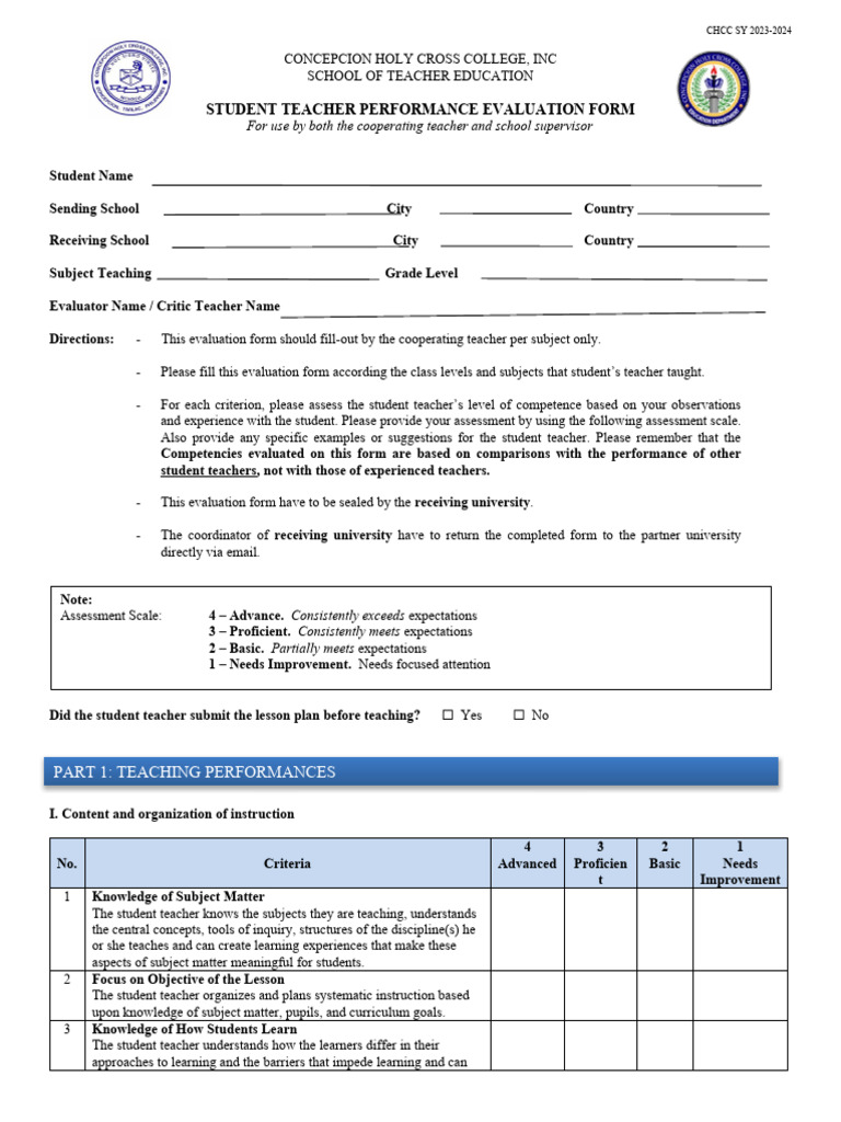 Student Teacher Performance Evaluation Form2020-01 | PDF | Learning ...