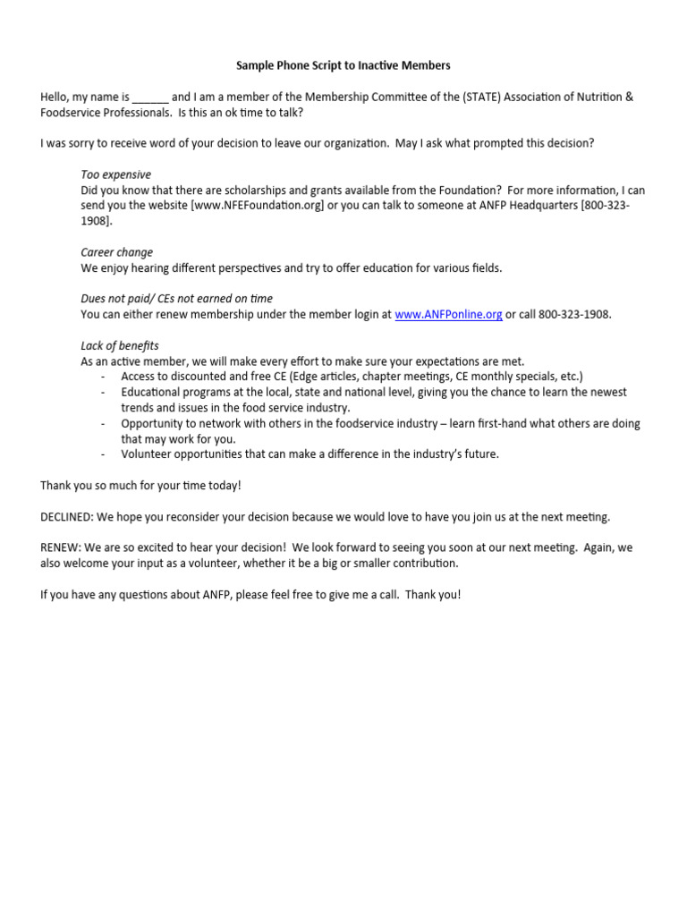 Inactive Member Sample Phone Script | PDF