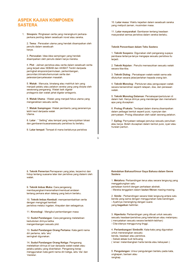 Aspek Kajian Komponen Sastera | PDF | Seni & Disiplin Bahasa