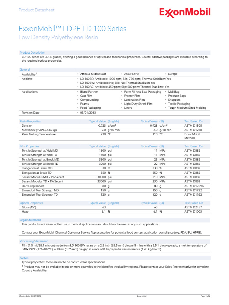 LDPE Exxon LD 100 Series | PDF | Pascal (Unit) | Materials