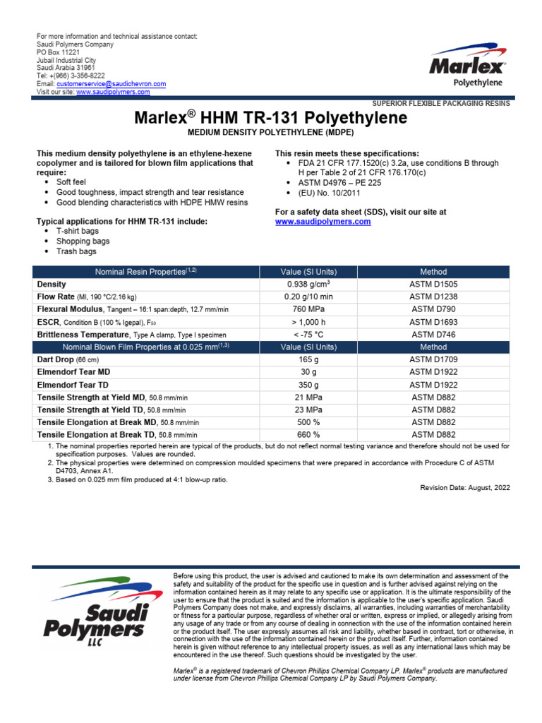 Mdpe Marlex HHM TR-131 | PDF | Polyethylene | Amorphous Solid