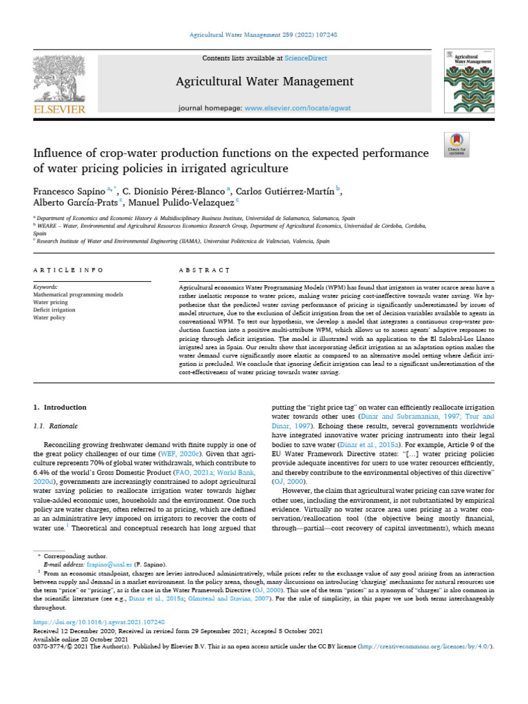 Influence Of Crop Water Production Functions On The Expec 2022