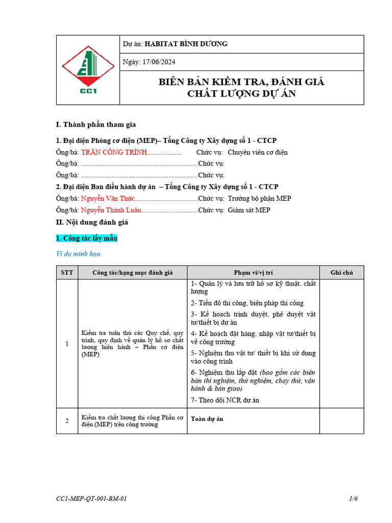 Rev.01 CC1-MEP-HBT - Bien Ban Kiem Tra, Danh Gia Chat Luong Du An | PDF