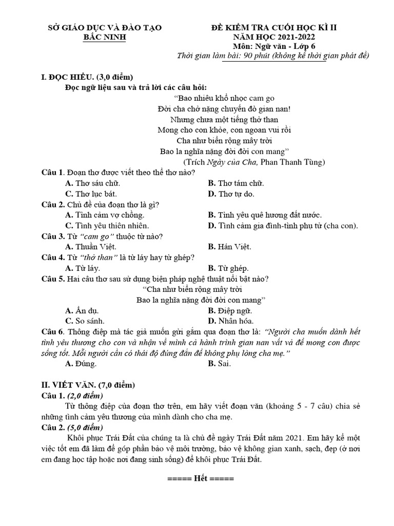 Văn 6 - cuối Hkii 21-22 | PDF