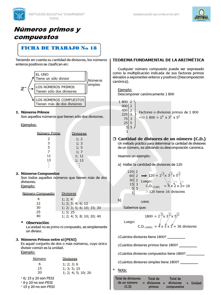 FICHA DE TRABAJO No 18 - PRIMOS y COMPUESTOS | PDF | Número primo | Teoría de los números