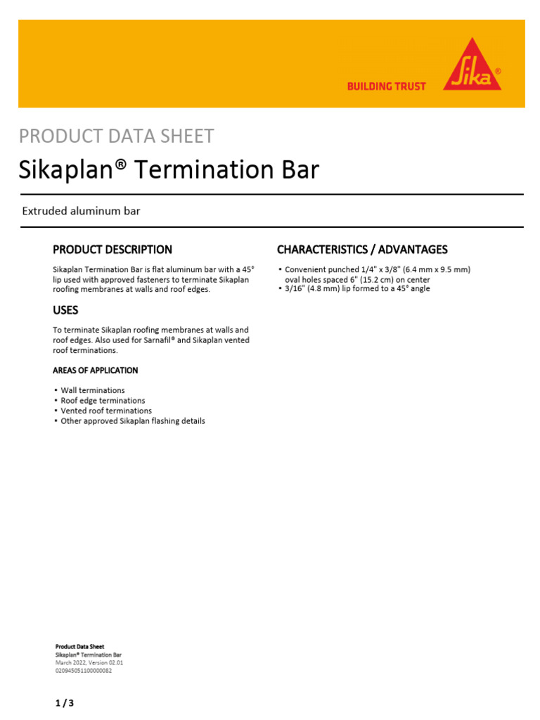 Sikaplan® Termination Bar Data Sheet | PDF | Extrusion