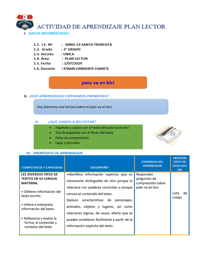 Sesion de Plan Lector Efrain1 de Julio2024 | PDF | Evaluación | Aprendizaje