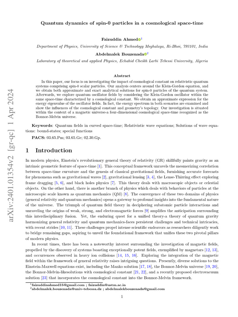 Quantum Dynamics of Spin-0 Particles in A Cosmological Space-Time | PDF ...