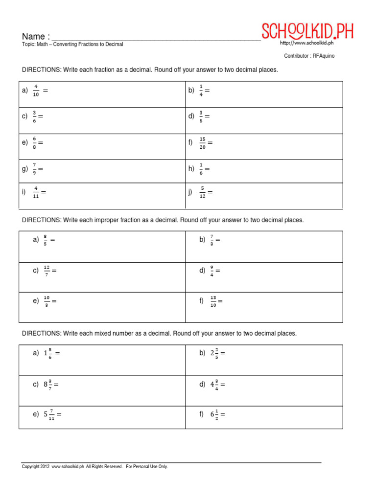 Name:: Topic: Math - Converting Fractions To Decimal Contributor ...