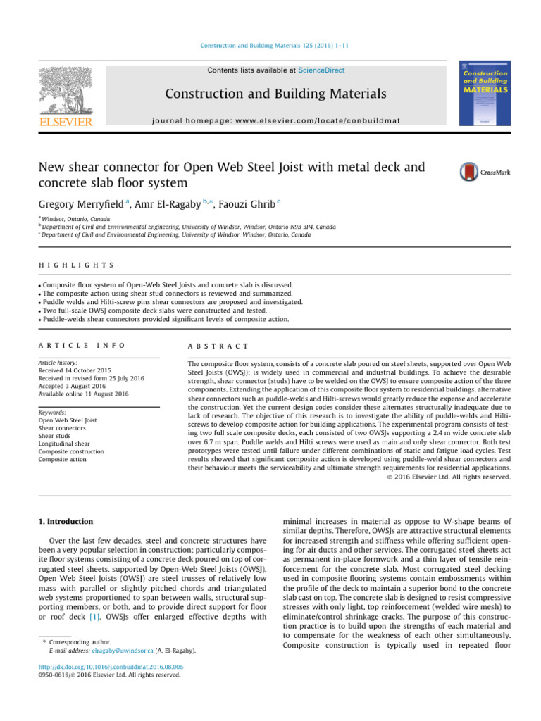 New Shear Connector For Open Web Steel Joist With Metal Deck and ...
