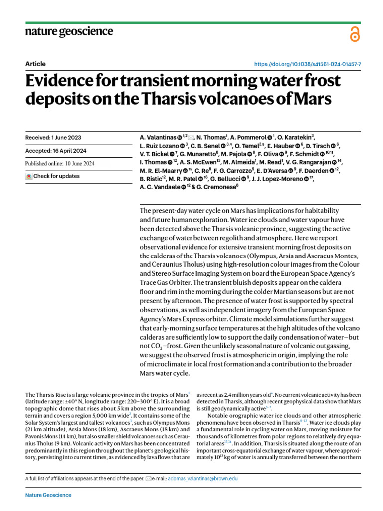 Evidence For Transient Morning Water Frost Deposits On The Tharsis Volcanoes of Mars | PDF ...