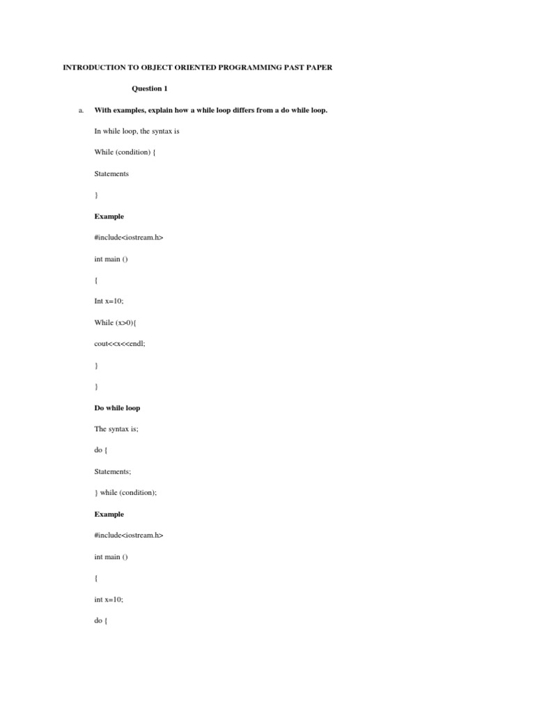 Introduction To Object Oriented Programming Past Paper Download Free