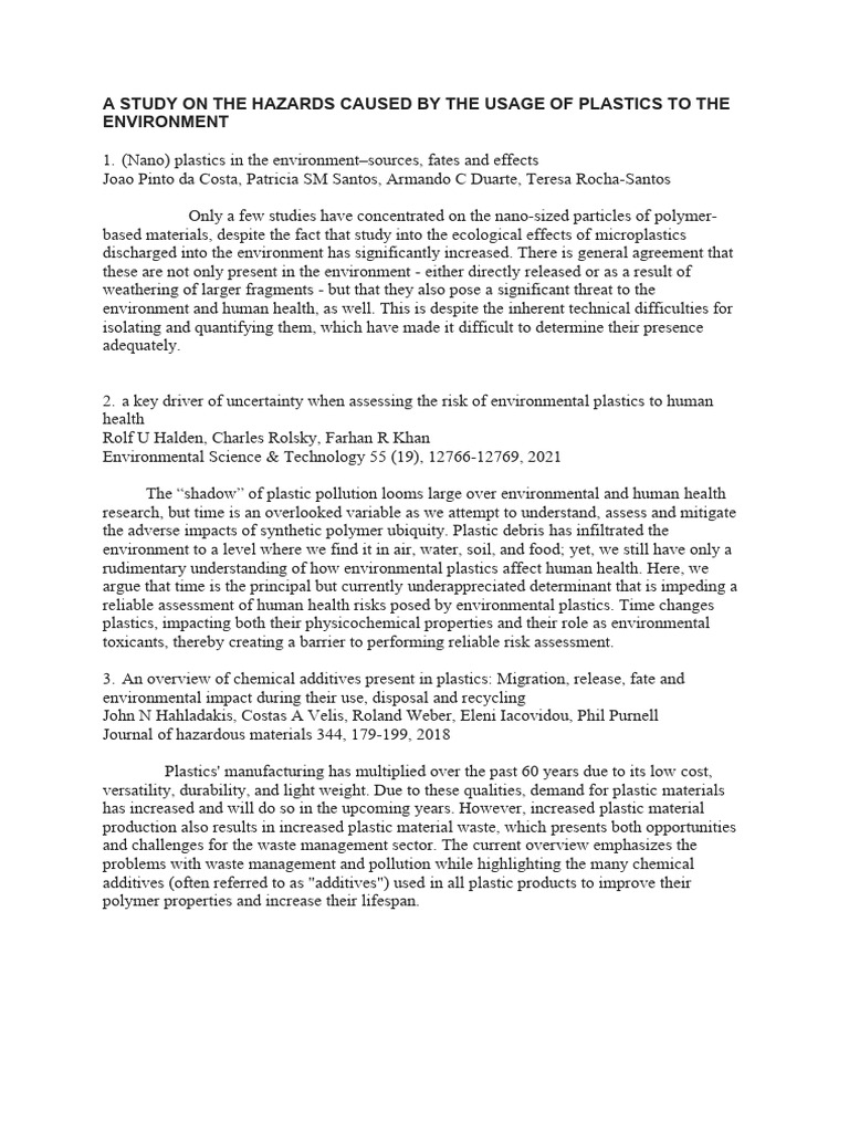 A Study On The Hazards Caused by The Usage of Plastics To The ...