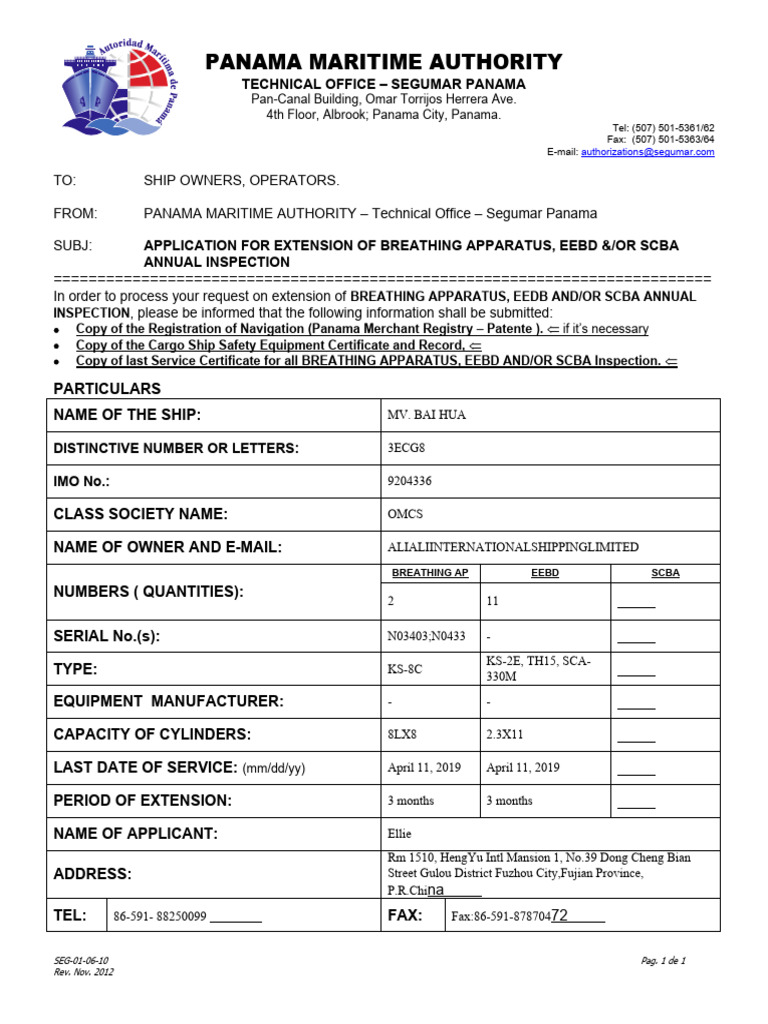 Seg 01 06 10 Application For Extension of Breathing Apparatus Eebd and ...
