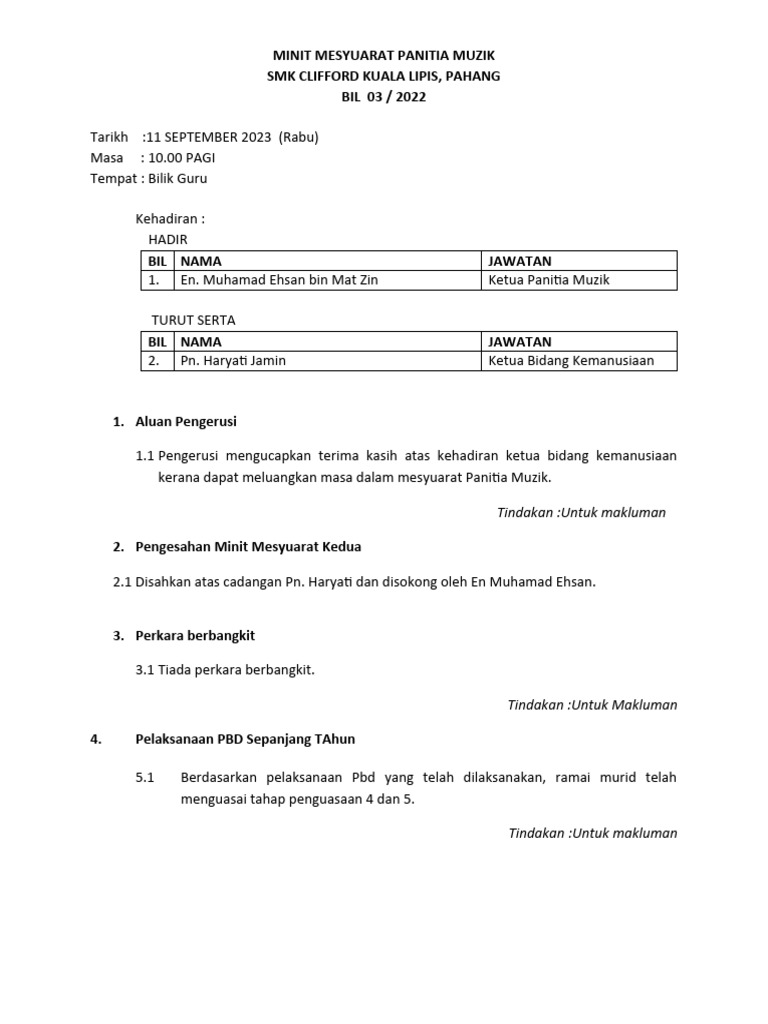 Minit Mesyuarat Panitia Muzik | PDF