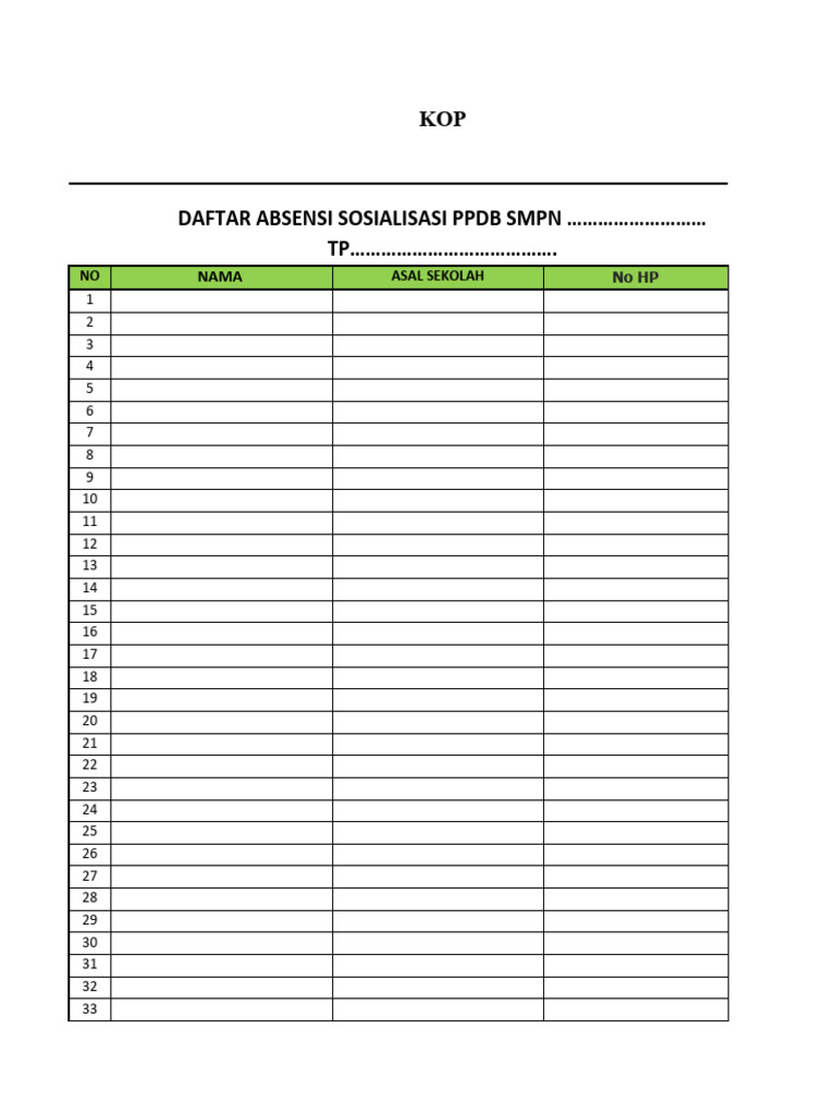 Contoh Daftar Absensi Sosialisasi | PDF