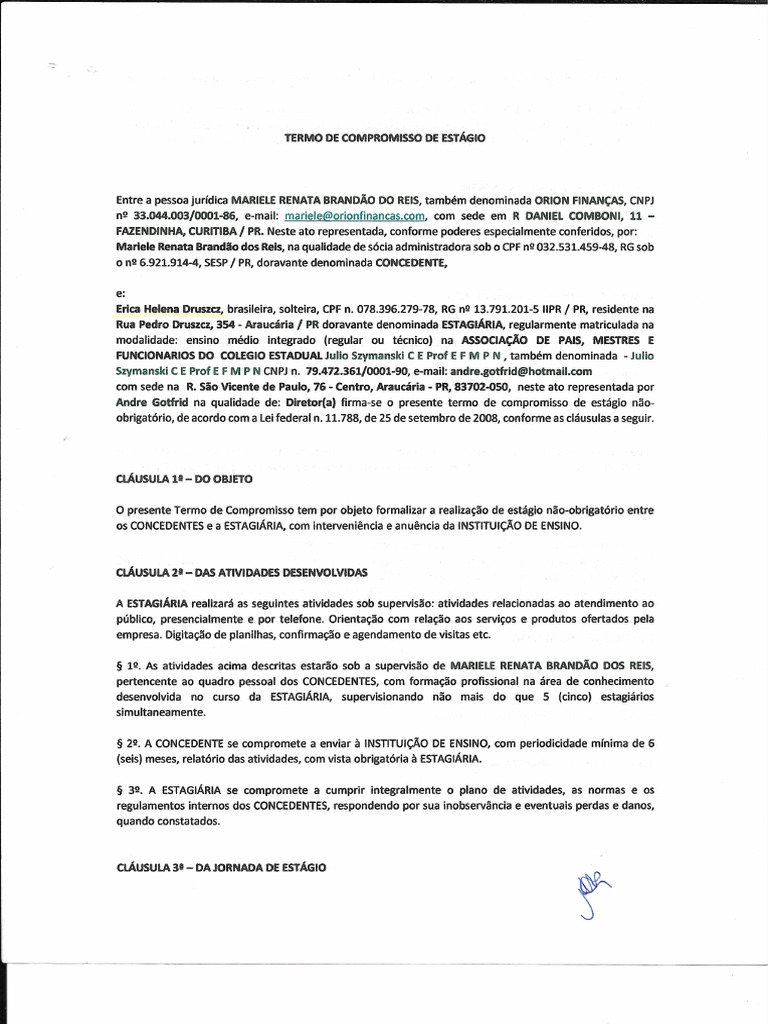 Erica Helena Druszcz - Contrato de Estágio | PDF