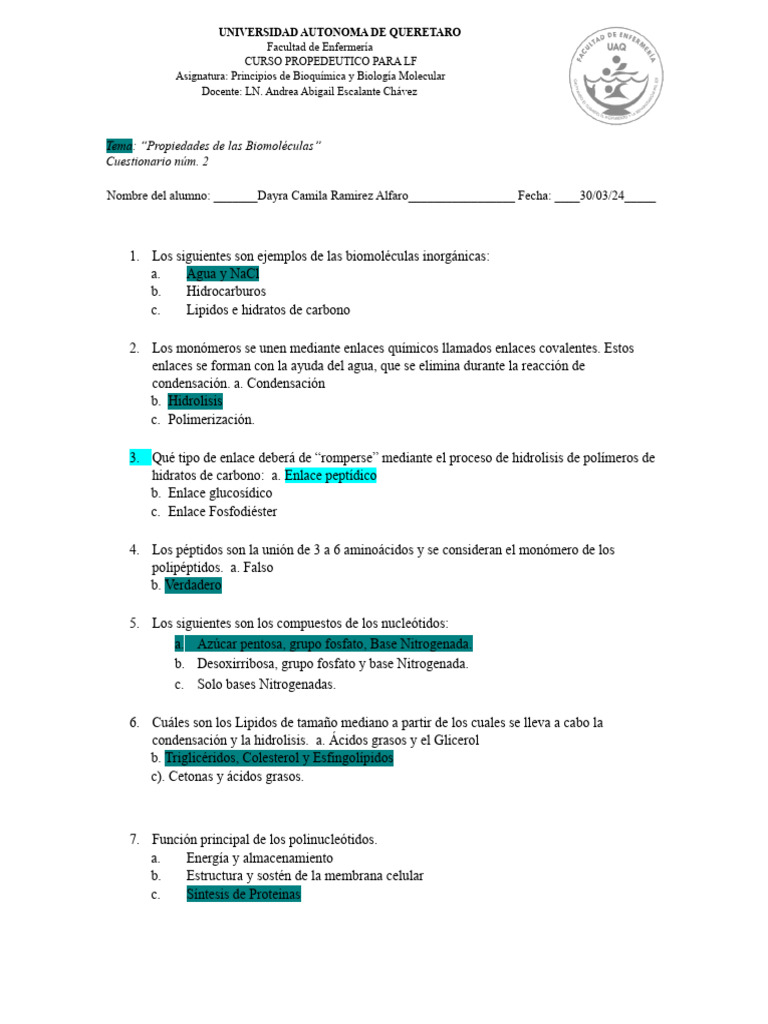 Cuestionario 2. Propiedades de Las Biomoleculas_Principios de Bioquimica y Biologia Molecular ...